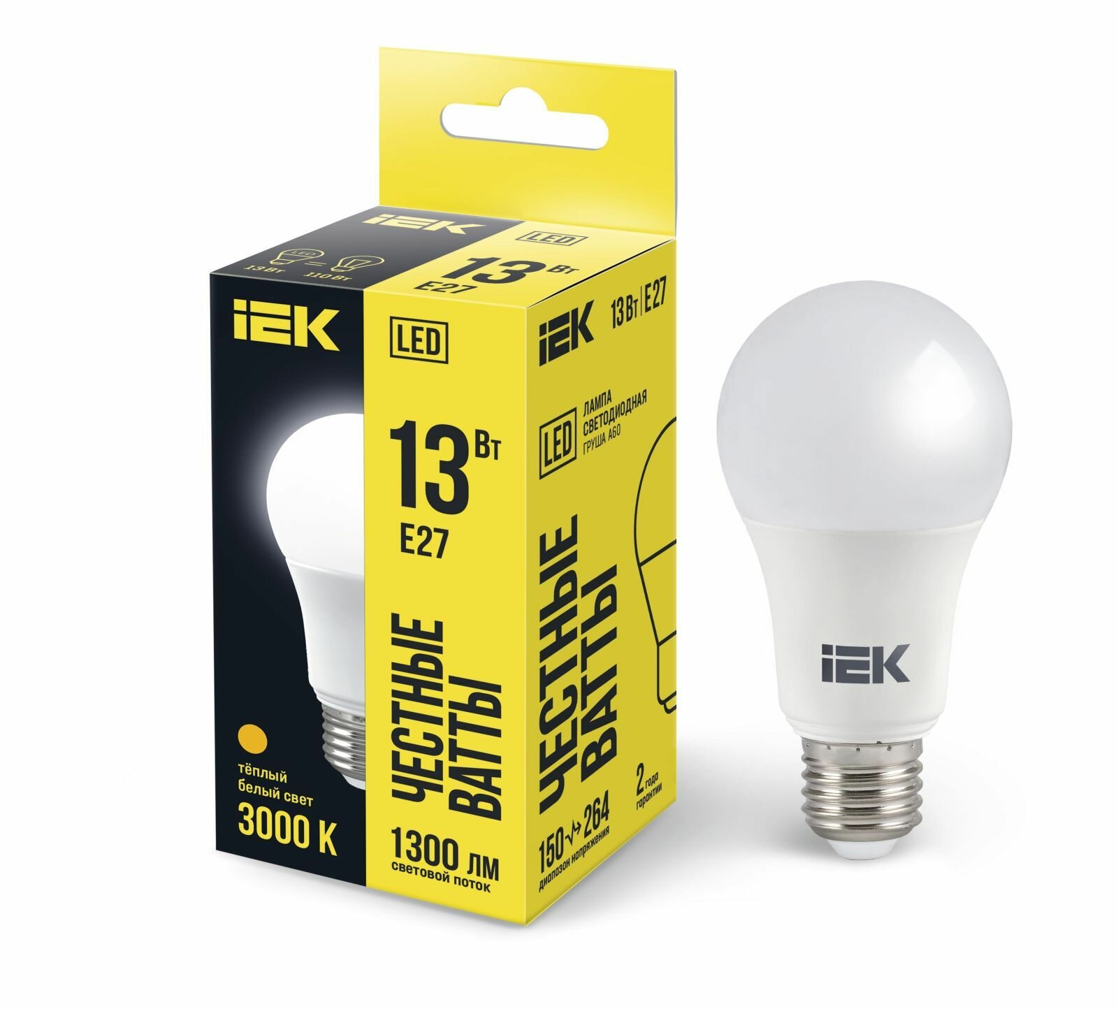 Лампа светодиодная IEK A60, груша, 13 Вт, 230В, 3000К, E27