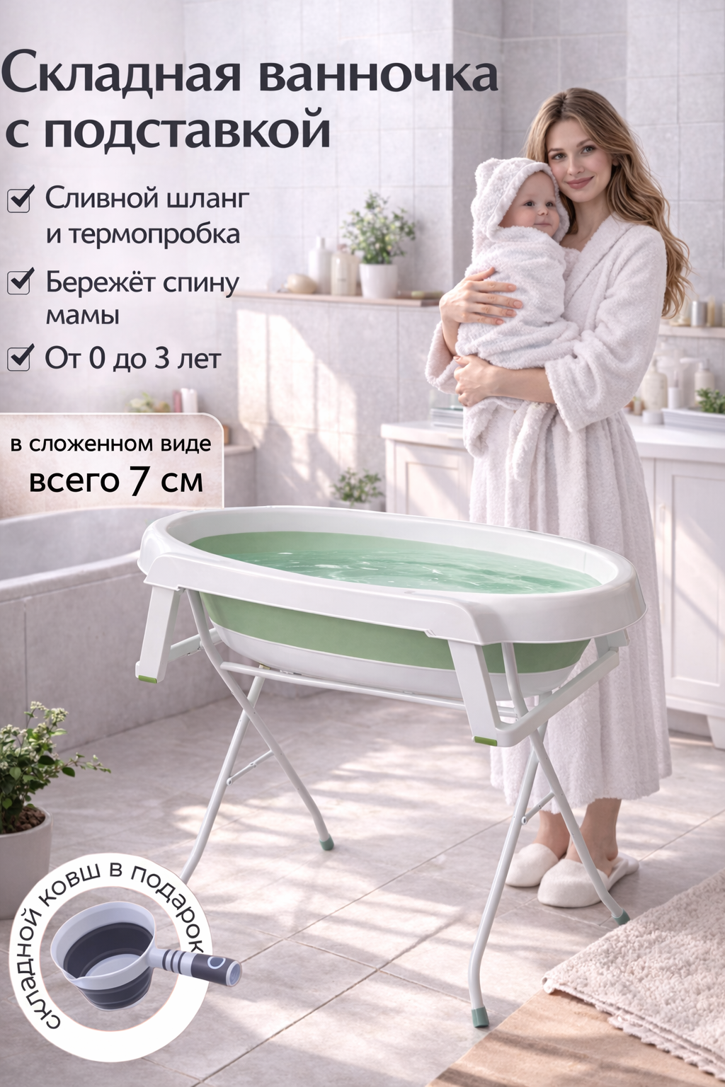 Ванночка детская "Norve" для купания новорожденных и малышей складная с подставкой и сливом 87×46см + ковшик в подарок