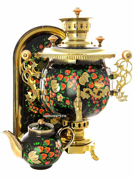 Комбинированный самовар 4,5 литра с художественной росписью "Хохлома классическая" в наборе с подносом и чайником, арт. 300003