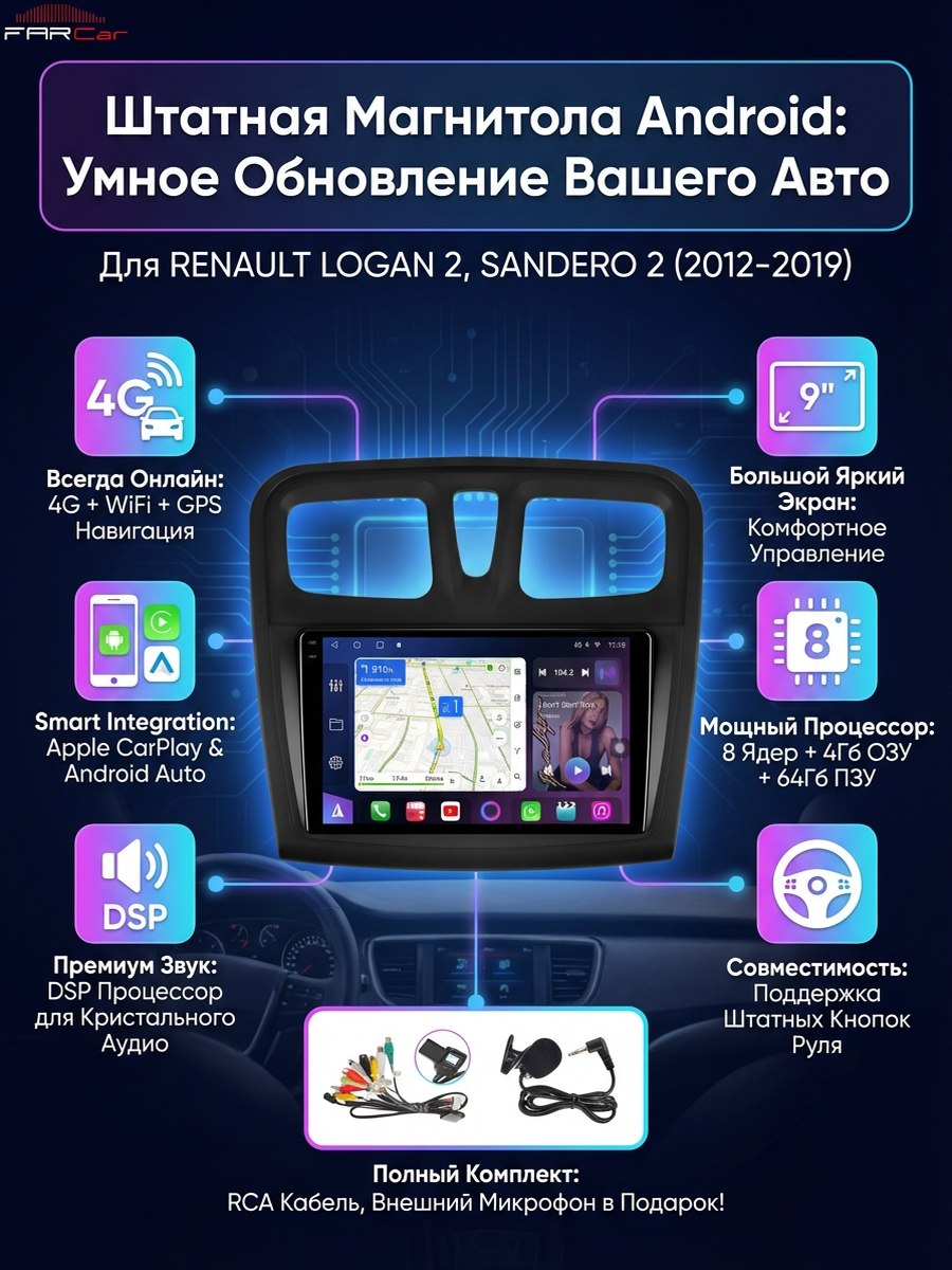 Магнитола Рено Логан 2, Рено Сандеро 2 2012-2019г. (Renault Logan 2/Sandero 2), 4/64 ГБ 8 ядер + 4G DSP CarPlay