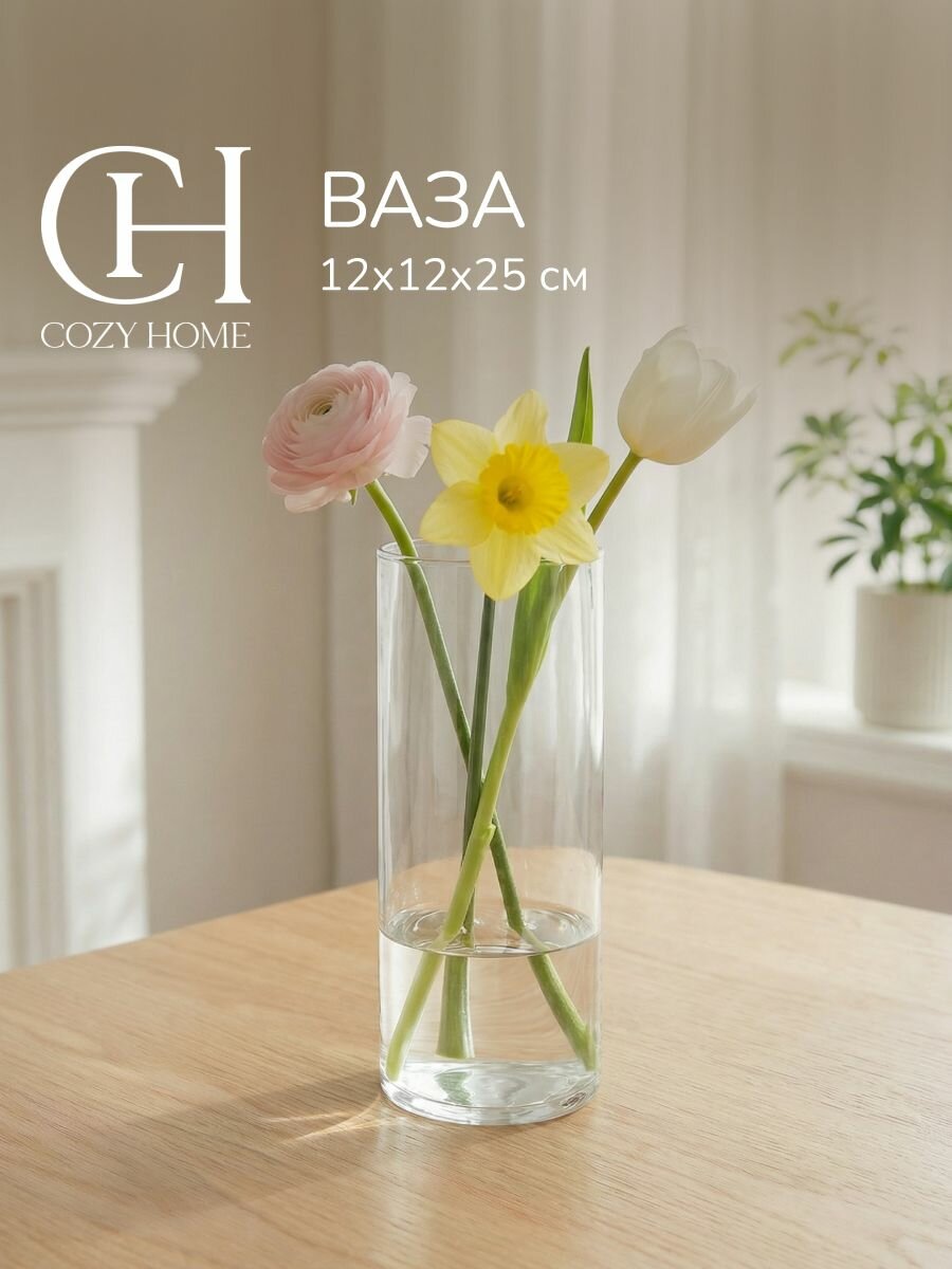 Cozy Home, Стеклянная ваза для цветов и сухоцветов 12х12х25 см, цв. прозрачный, стекло
