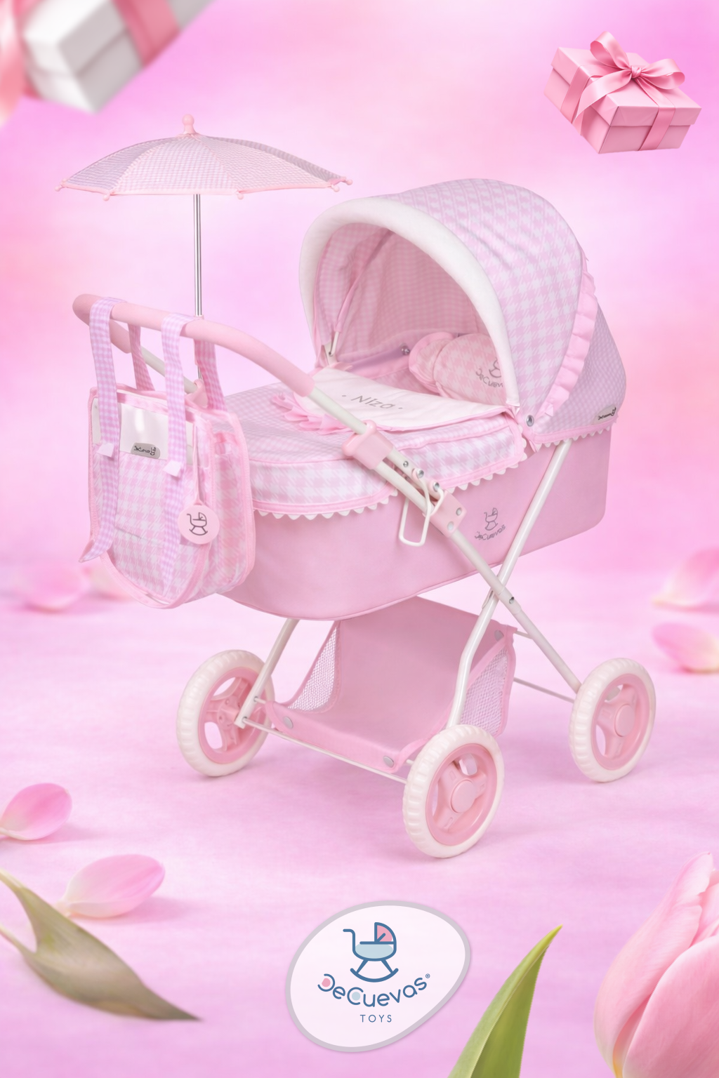 Коляска для кукол люлька 85046 DeCuevas Toys, с аксессуарами съемной прозрачной сумкой и зонтом, высота ручки 60 см, серия Ницца, классический дизайн