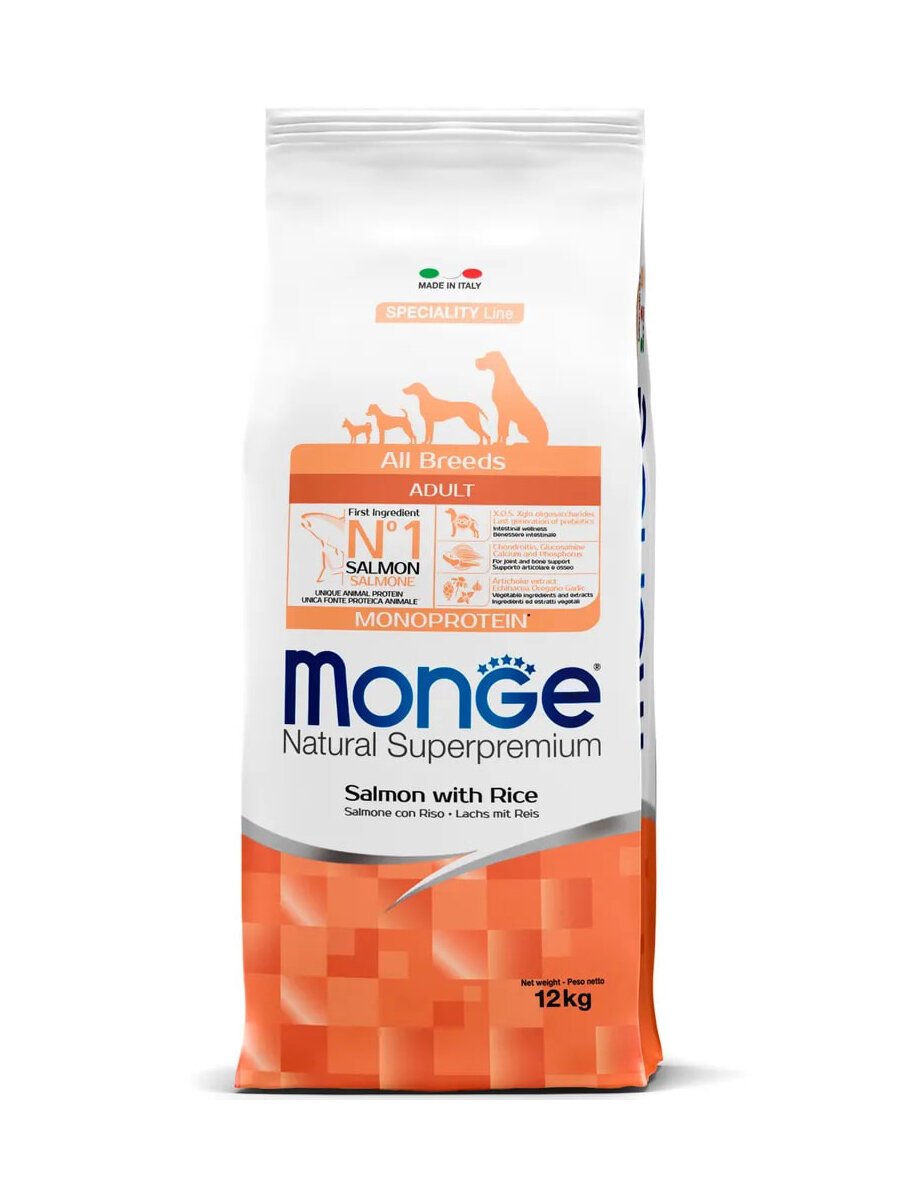 Сухой корм для собак Monge Dog Speciality Line Monoprotein All Breeds Salmon with Rice с лососем и рисом,12 кг