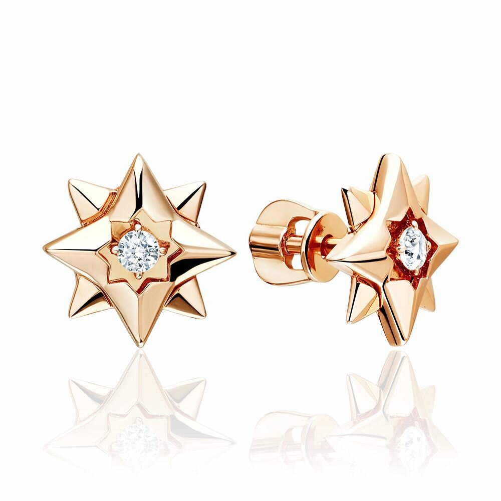 Серьги пусеты, красное золото, 585 проба, фианит