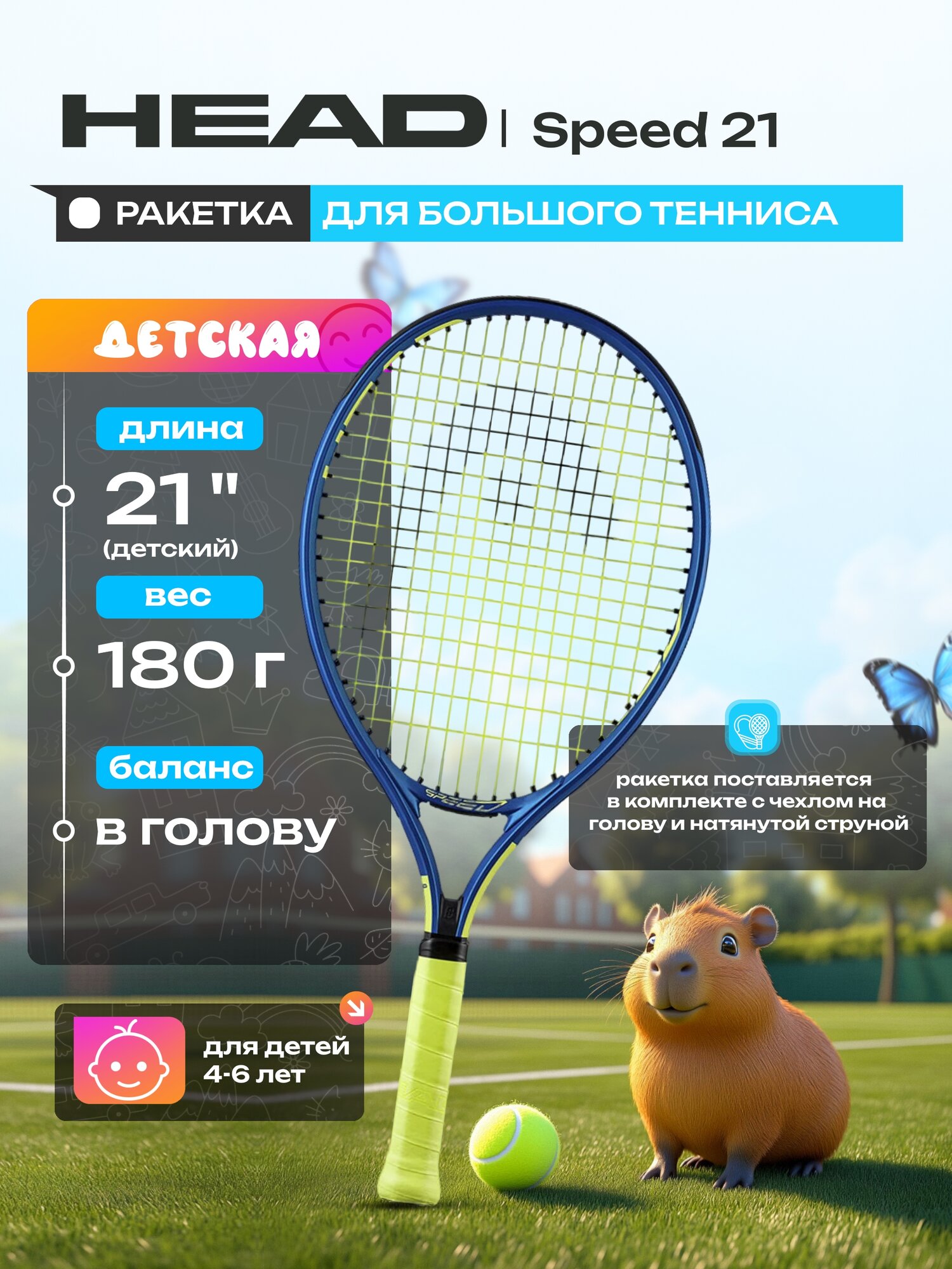 Ракетка для большого тенниса HEAD Speed 21 Gr05, 230364, для детей 4-6 лет, алюминий