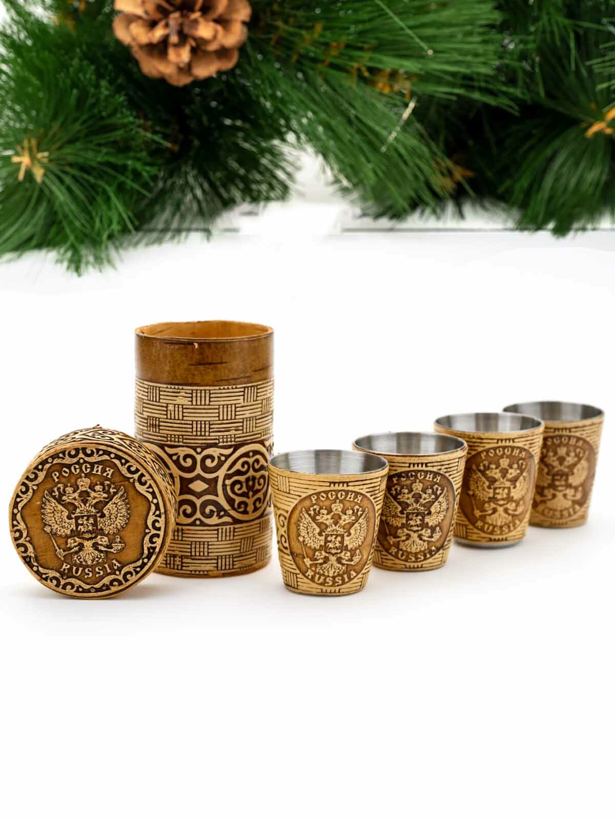 Набор стопок - Герб России, Береста, 4 шт в футляре