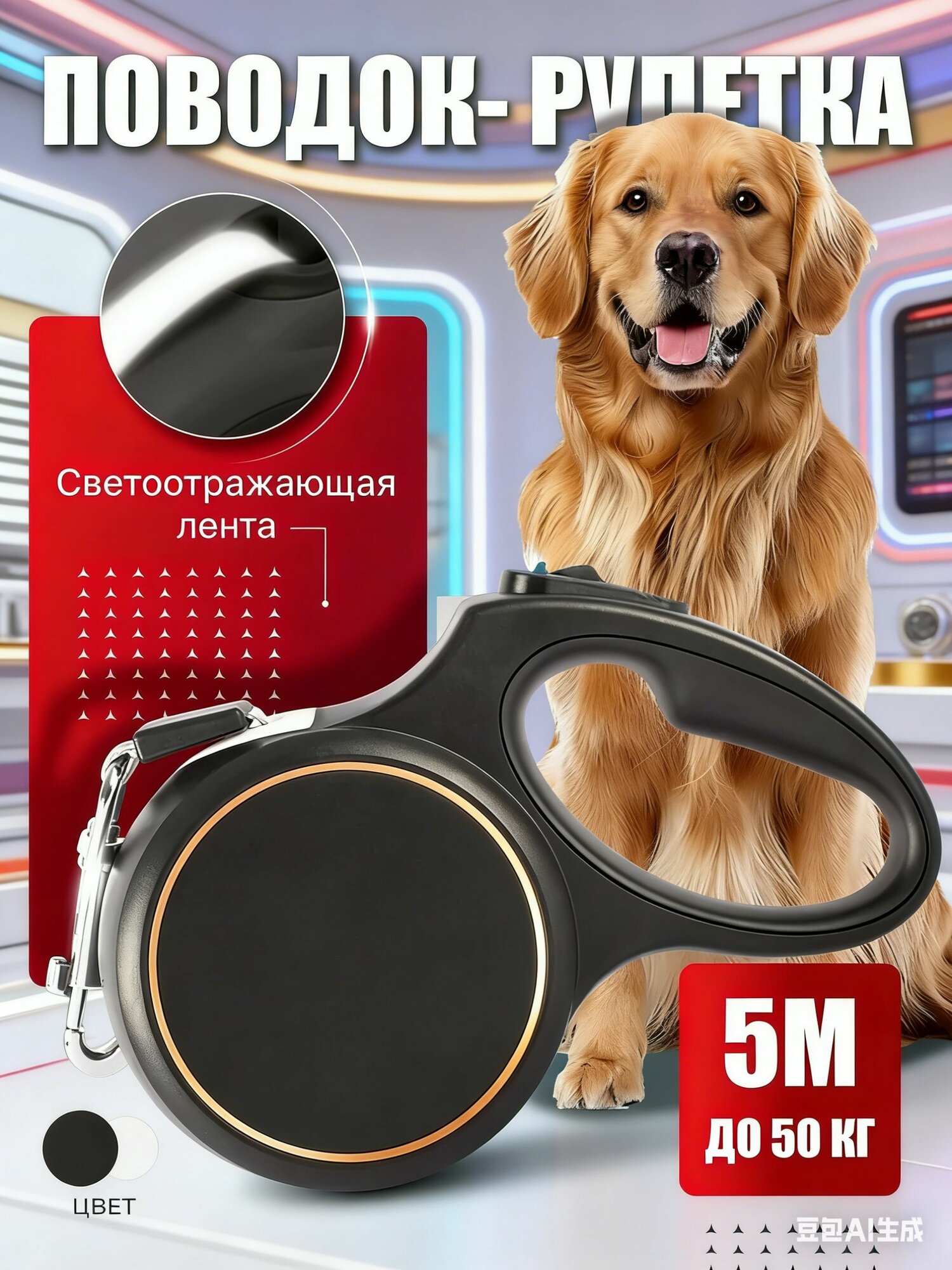 Поводок-Рулетка, для собак и кошек до 15кг, черный матовый, 5 м