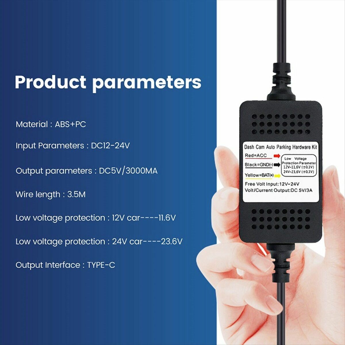 Кабель для подключения автомобильного видеорегистратора длиной 3,5 м, напряжение 12/24 В, ток 5 В, сила тока 3 А (черный).