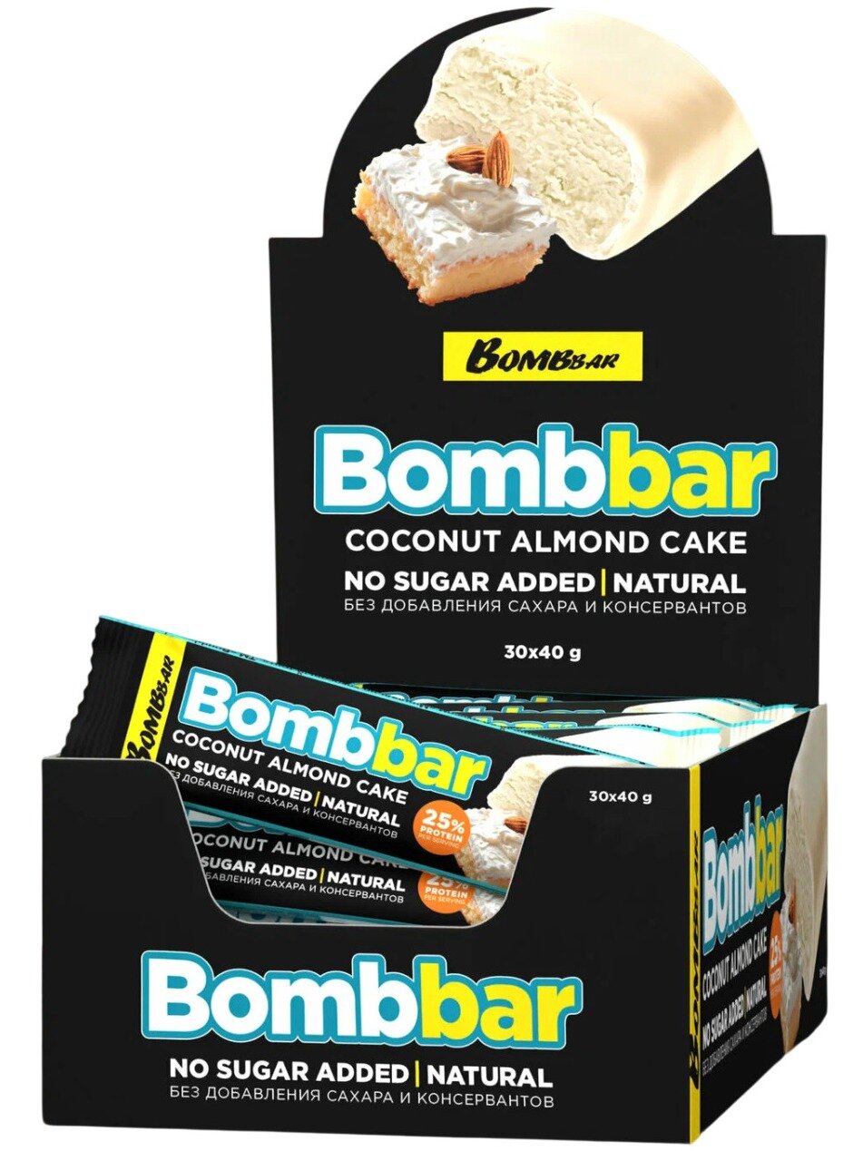 Протеиновый батончик BombBar Батончик в шоколаде без сахара 30 x 40 г, Миндально-кокосовый торт