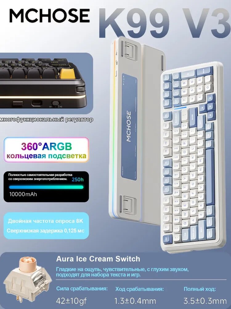 MCHOSE Игровая клавиатура беспроводная MCHOSE K99 V3: Кастомизированная механическая клавиатура с трёхрежимным подключением，Aura lce Cream Switch (USB-C, беспроводная, Bluetooth), Английская раскладка, белый, голубой