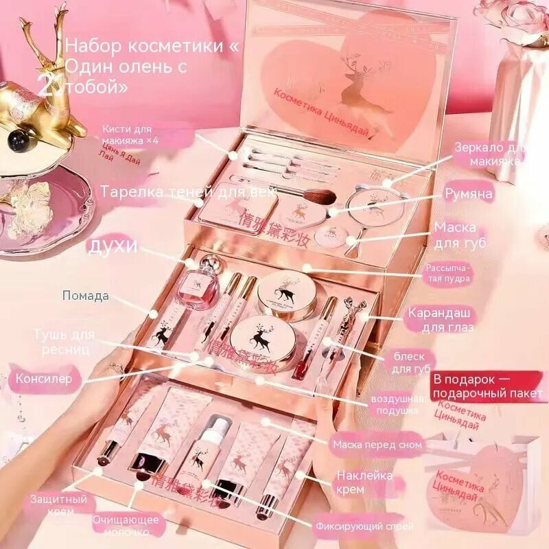 Подарок девушке Набор косметики с зеркалом и парфюмом полный набор для макияжа