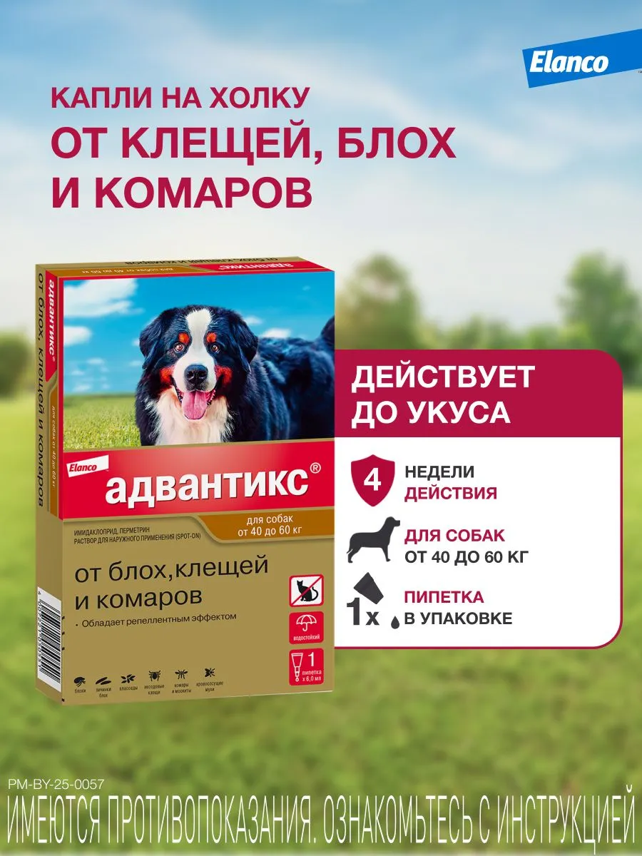 Адвантикс для собак от 40 до 60 кг для защиты от блох, иксодовых клещей и летающих насекомых, 1 пипетка
