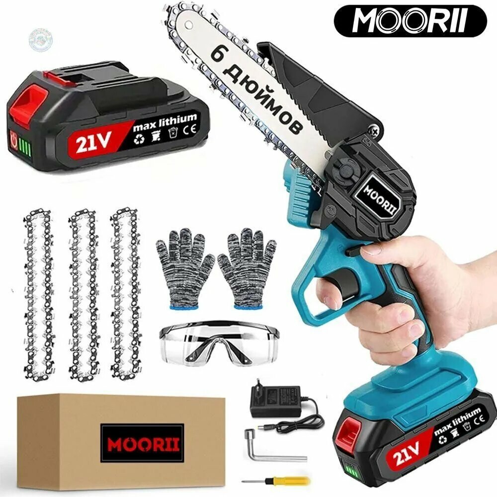 Аккумуляторная мини-бензопила 6 дюймов, комплект электроинструмента с 2 батареями и 3 цепями, лёгкая одноручная пила для дачи, сада и дома, безопасная цепная пила для женщин и пожилых