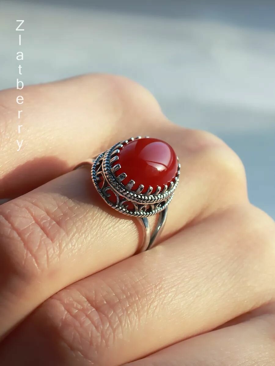Кольцо тонкое ZLATBERRY, серебро, 925 проба, оксидирование, размер 20.5, серебристый/красный — фото 1