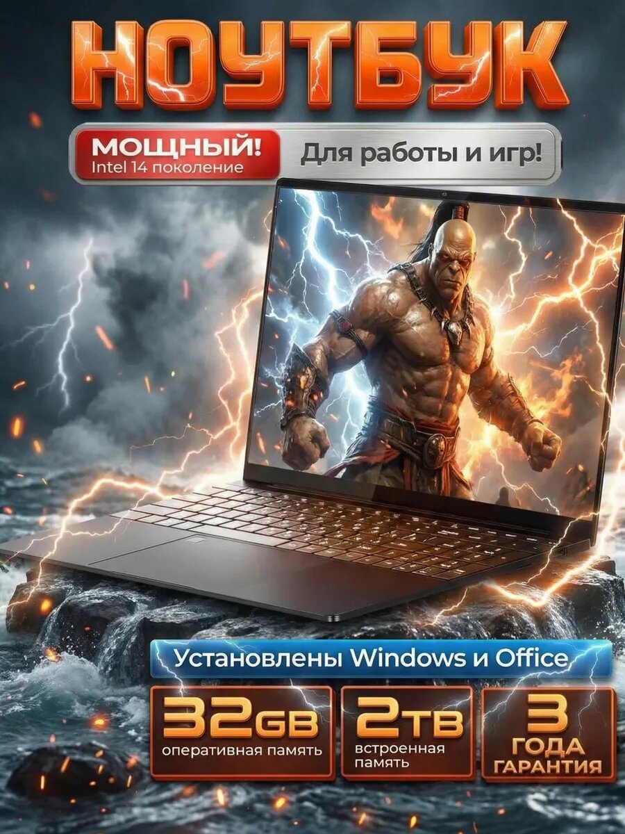 Ноутбук игровой 2026 N-Series, RAM 32GB, SSD 2048GB, IPS + Windows