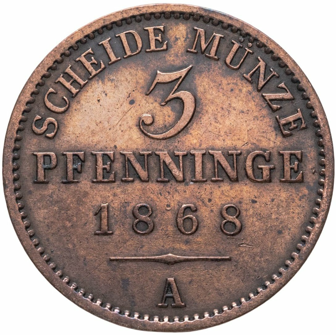 Пруссия 3 пфеннига 1868 A, Медь, в сохранности XF