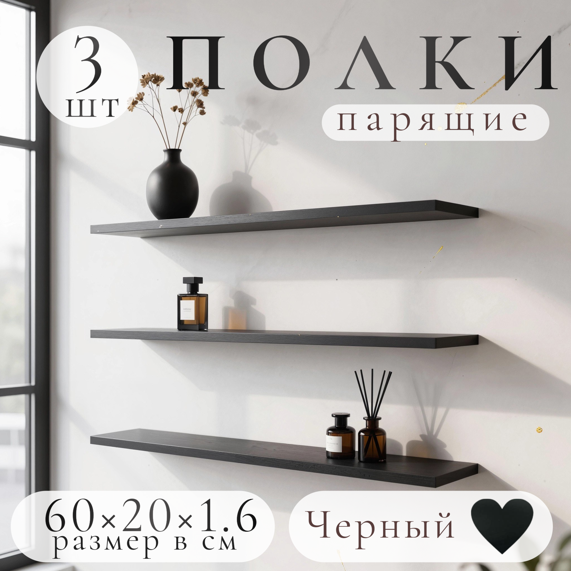 Полка настенная навесная черная 60*20 3шт