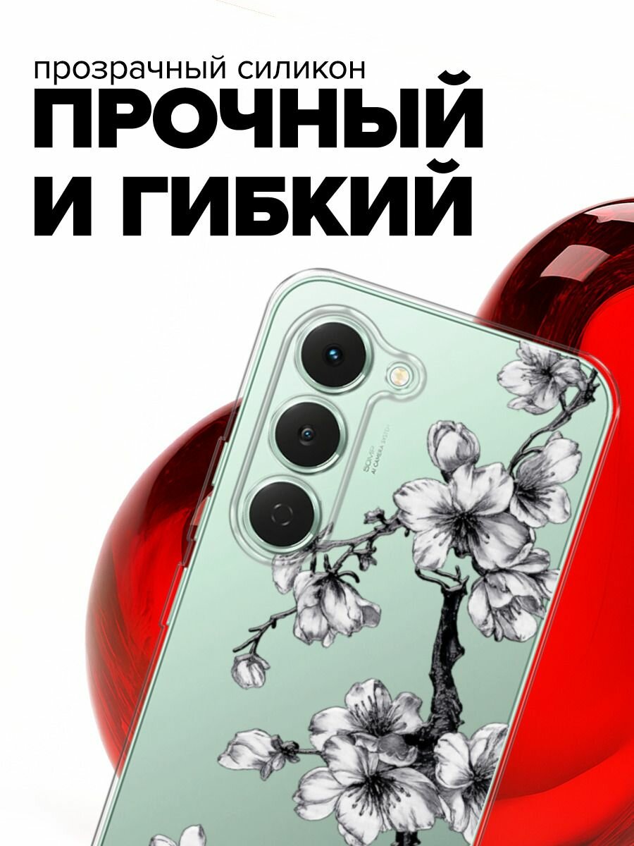 Силиконовый чехол на Tecno Spark 40 Pro / Текно Спарк 40 Про с принтом Ветка сакуры серая — фото 1