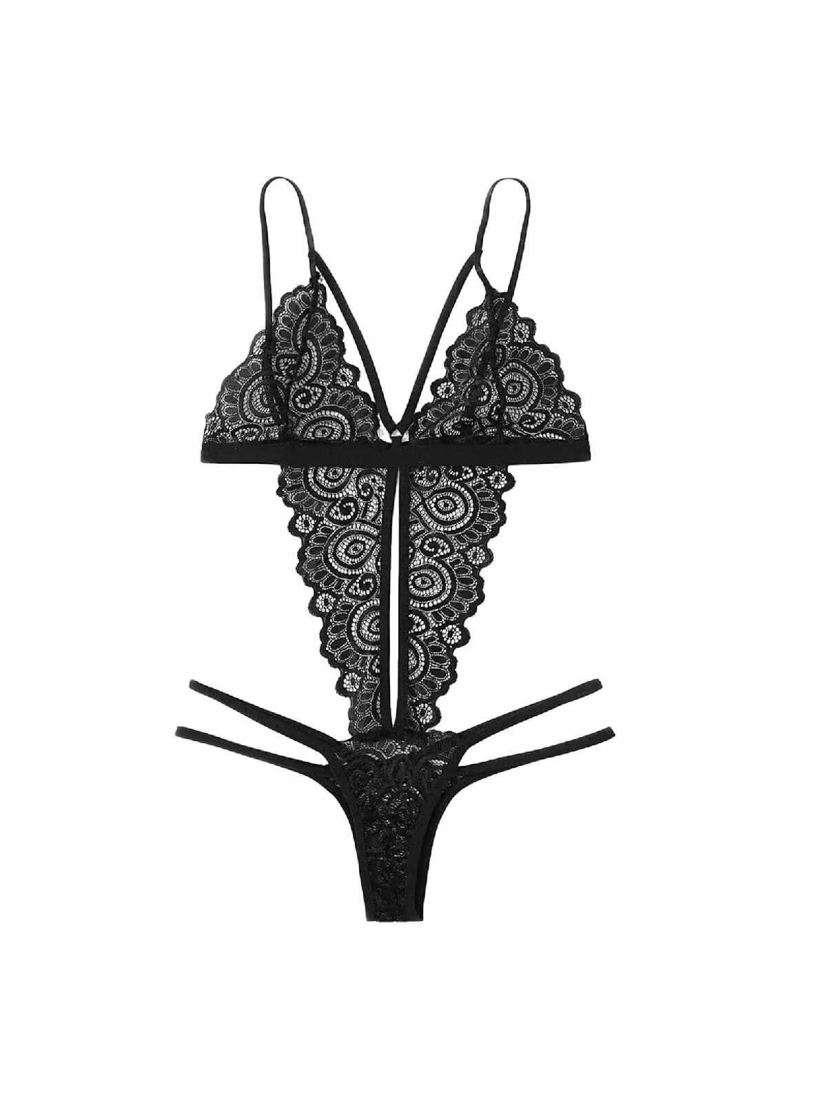 Женское цельное нижнее белье, сексуальные боди с цветочным кружевом Babydoll, пижамы, мини-боди Teddies, пижамы для сна, Черный - M