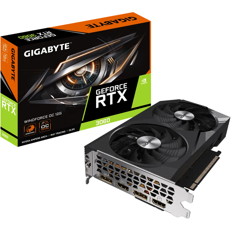 Видеокарта VGA GIGABYTE NVIDIA GeForce RTX 3060 WINDFORCE OC 12G REV1.0 12GB, GDDR6/192-bit, PCIe 4.0, 2xHDMI 2.1, 2xDP, 2-slot (Gigabyte GV-N3060WF2OC-12GD)
