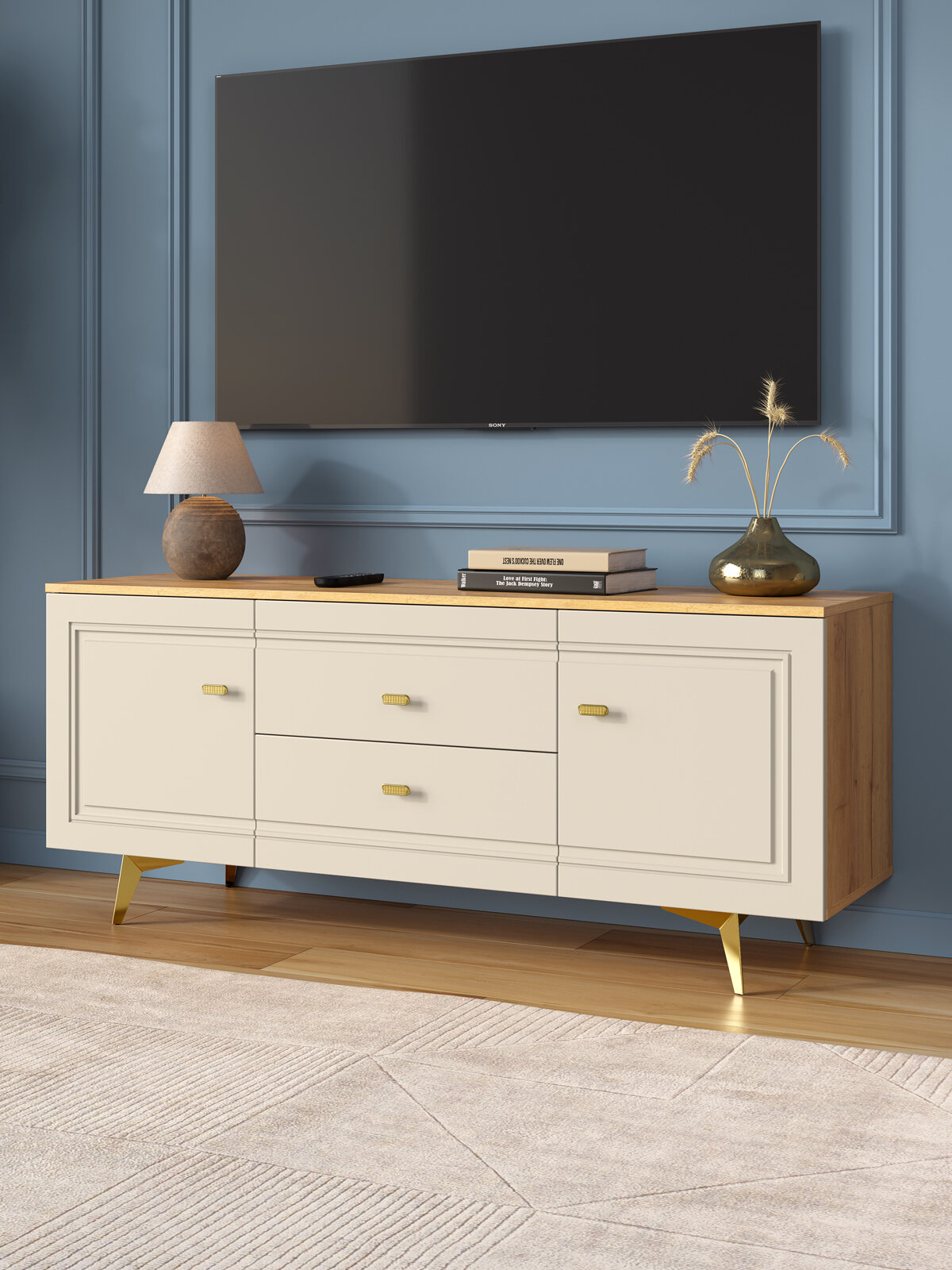 Тумба под телевизор Кураж Вега Сапфир с ящиками, на ножках 150,1х42,4х61,8 см кремовая