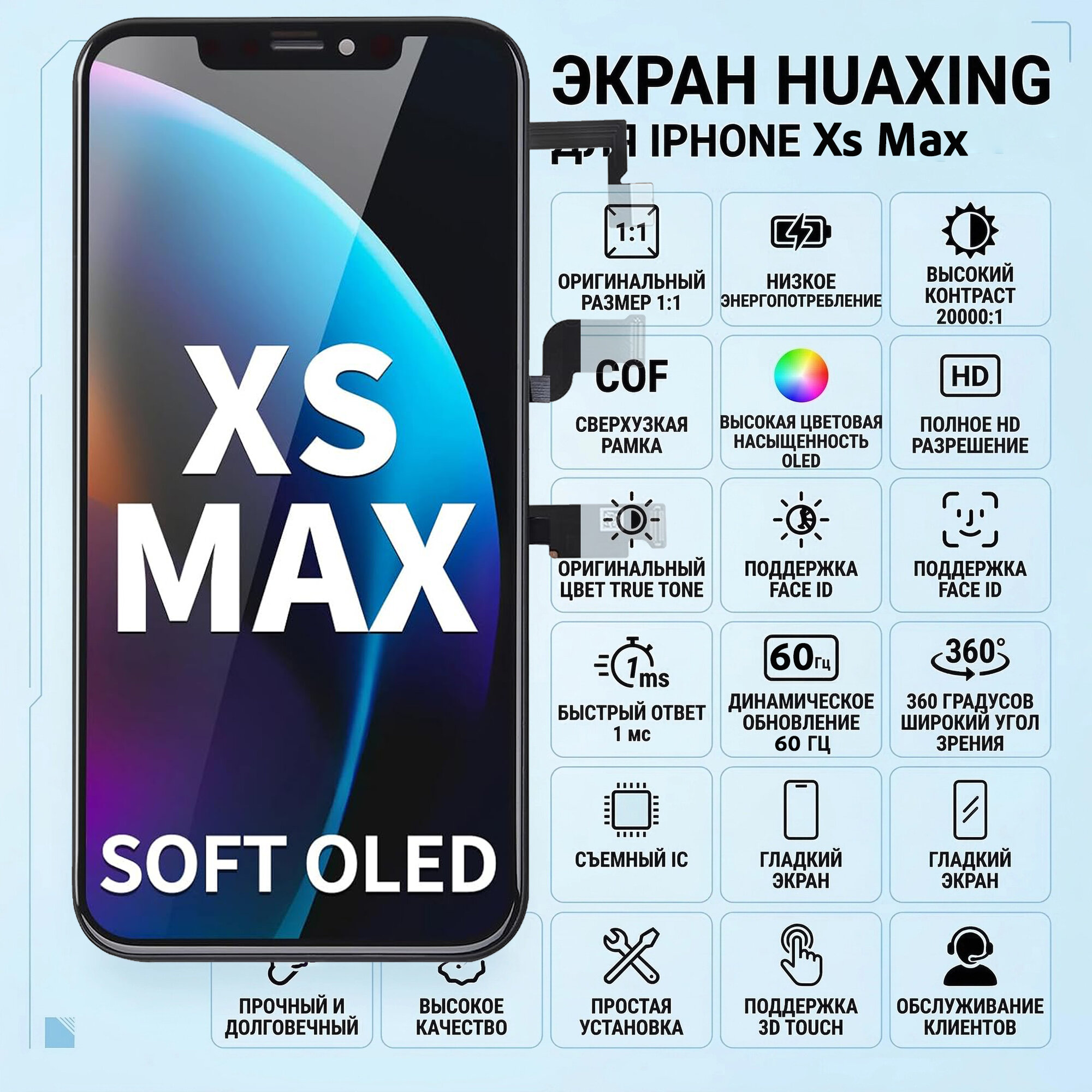 Гибкий OLED-экран-замена для iPhone Xs Max: 60 Гц, рамки 0.9 мм, высший китайский класс