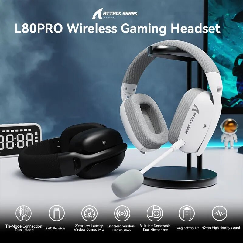 ATTACK SHARK Наушники с микрофоном, Bluetooth, USB Type-C, белый
