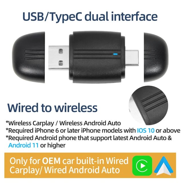 Беспроводной адаптер CarPlay 2-в-1, проводное подключение к беспроводной автомобильной магнитоле Android Auto, USB Type-C, совместимость с Audi, Toyota, Volkswagen, Mercedes-Benz и другими моделями, OEM-версия.