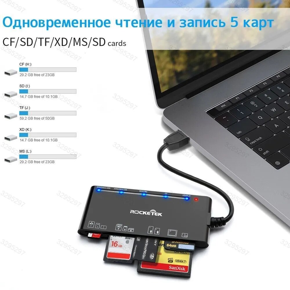 Многофункциональный USB-концентратор ROCKETEK 7-в-1 для SD/SDHC/CF/MS/XD Кардридер — фото 1