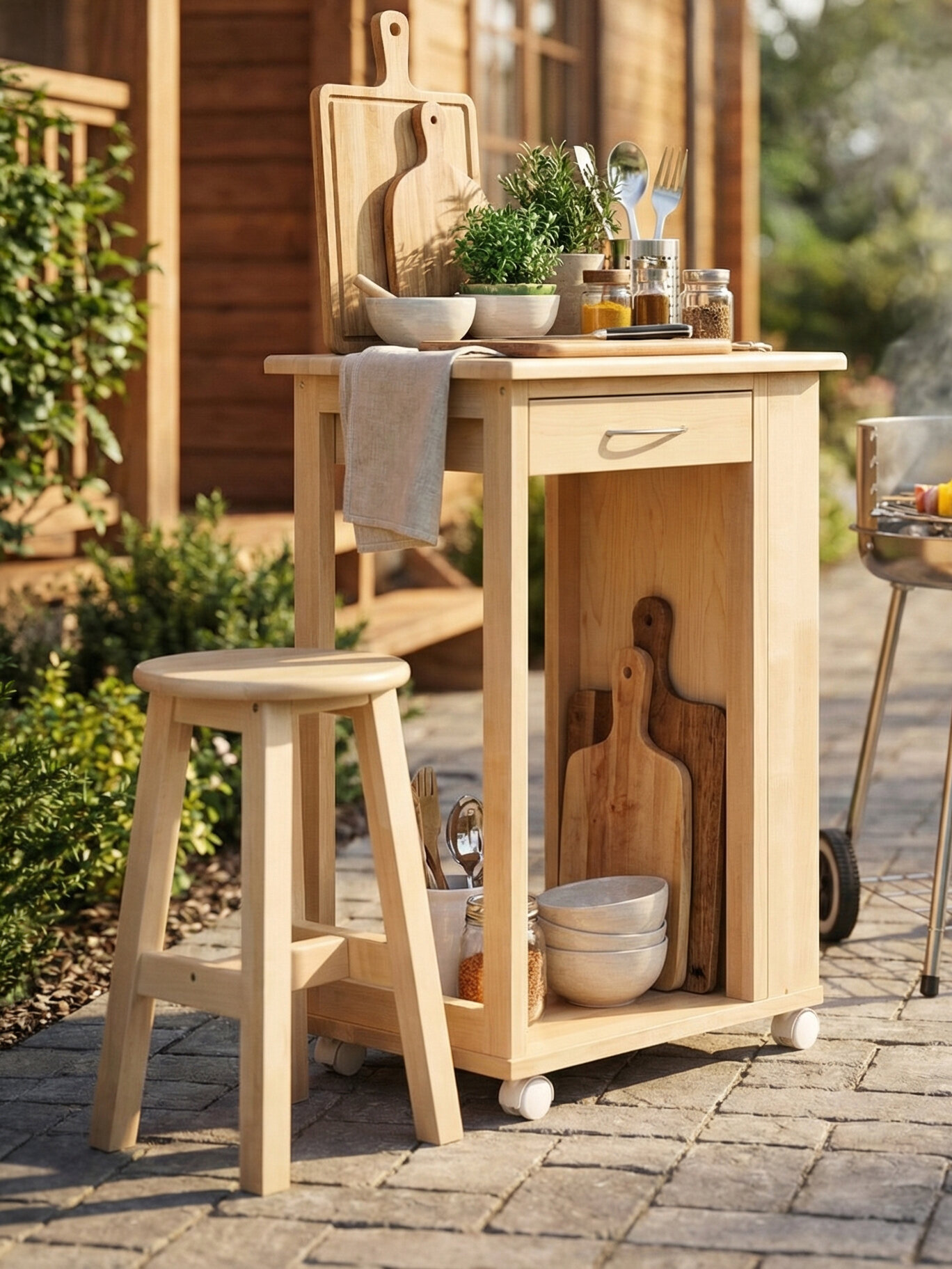 Тумба с табуретом Мебелик с ящиком и полками, на колесиках, цвет лак