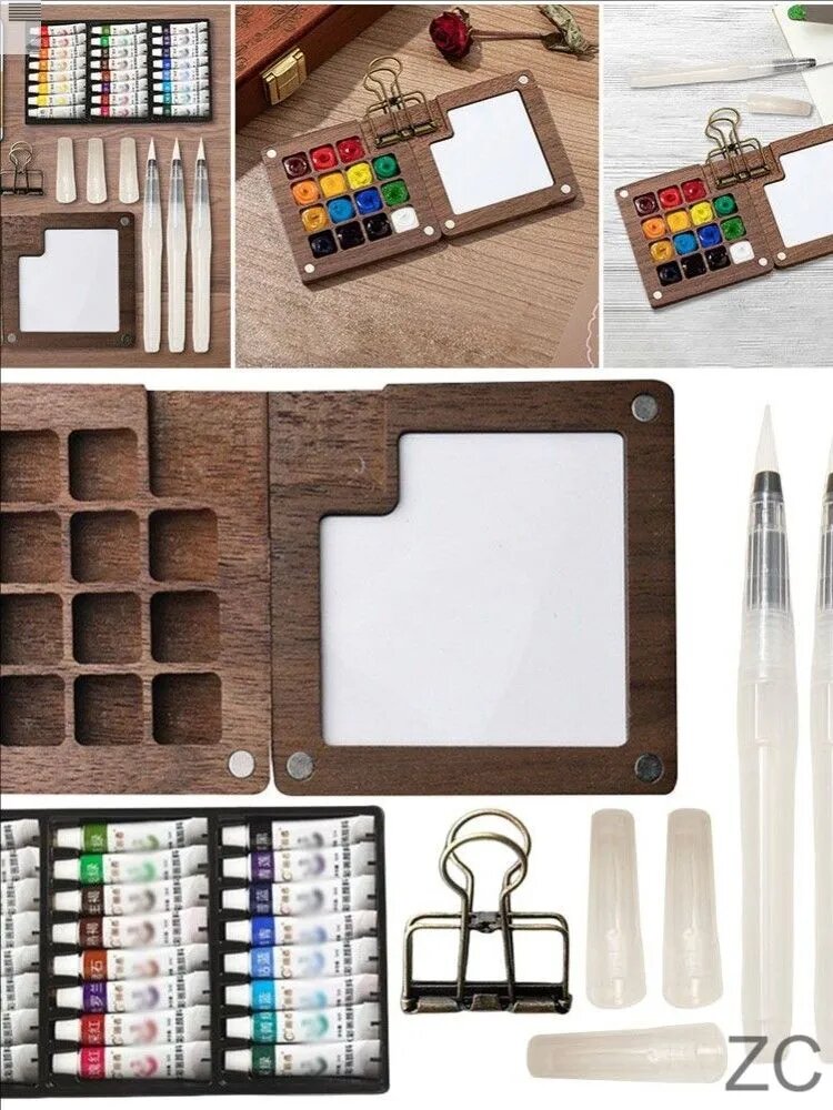 Набор для рисования, росписи в деревянном футляре с акварельными красками, кистями и палитрой