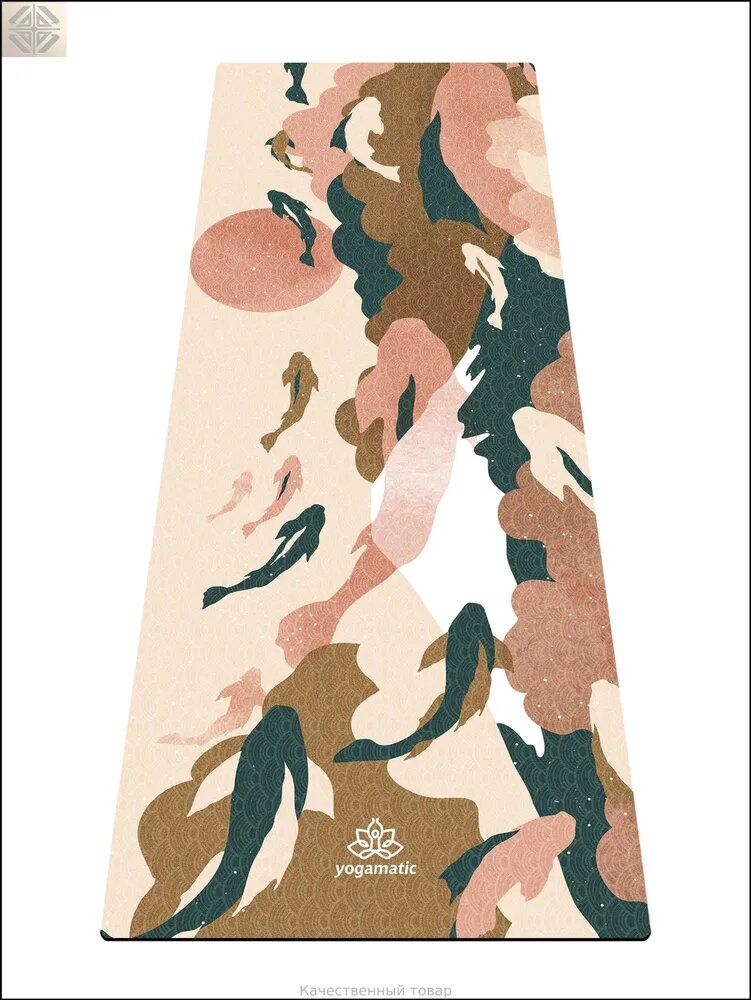 Коврик для йоги и фитнеса Арт Йогаматик Карпы 183 см каучуковый хлопоковый, коврик для йоги каучуковый нескользящий, ремешок для коврика,183*66, Бежевый, темно-зеленый, Пилатес