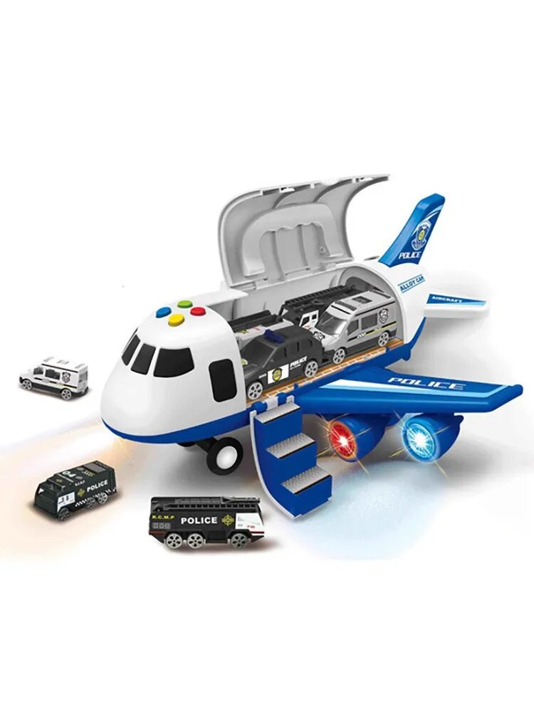 Игрушечный полицейский самолет с подсветкой, музыкой и инерционной трансформацией, синий
