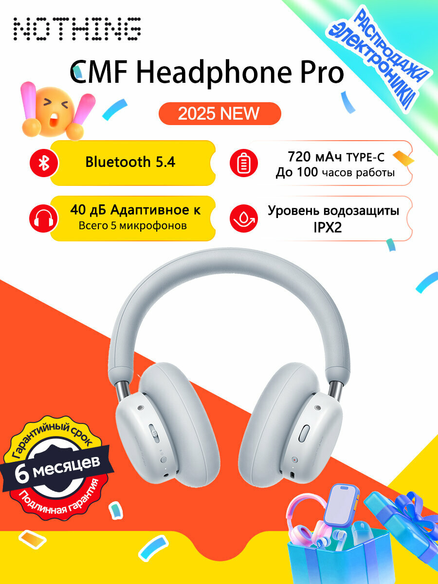 Наушники Nothing CMF Headphone Pro, 720mAh,40dB ANC, BT5.4, Светло-серый