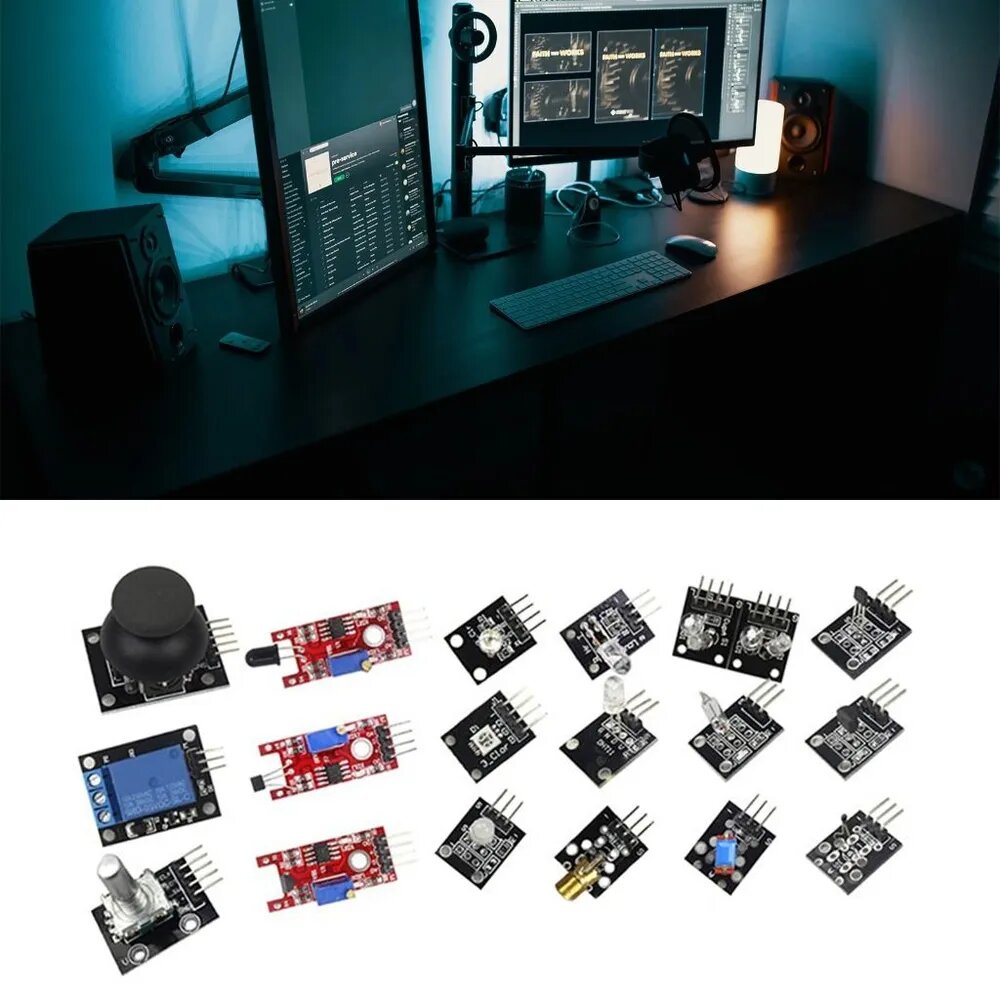 Набор сенсоров для микроконтроллеров 37 шт для Arduino датчики температуры, обхода препятствий, уровня воды, давления, модуль приемника — фото 1