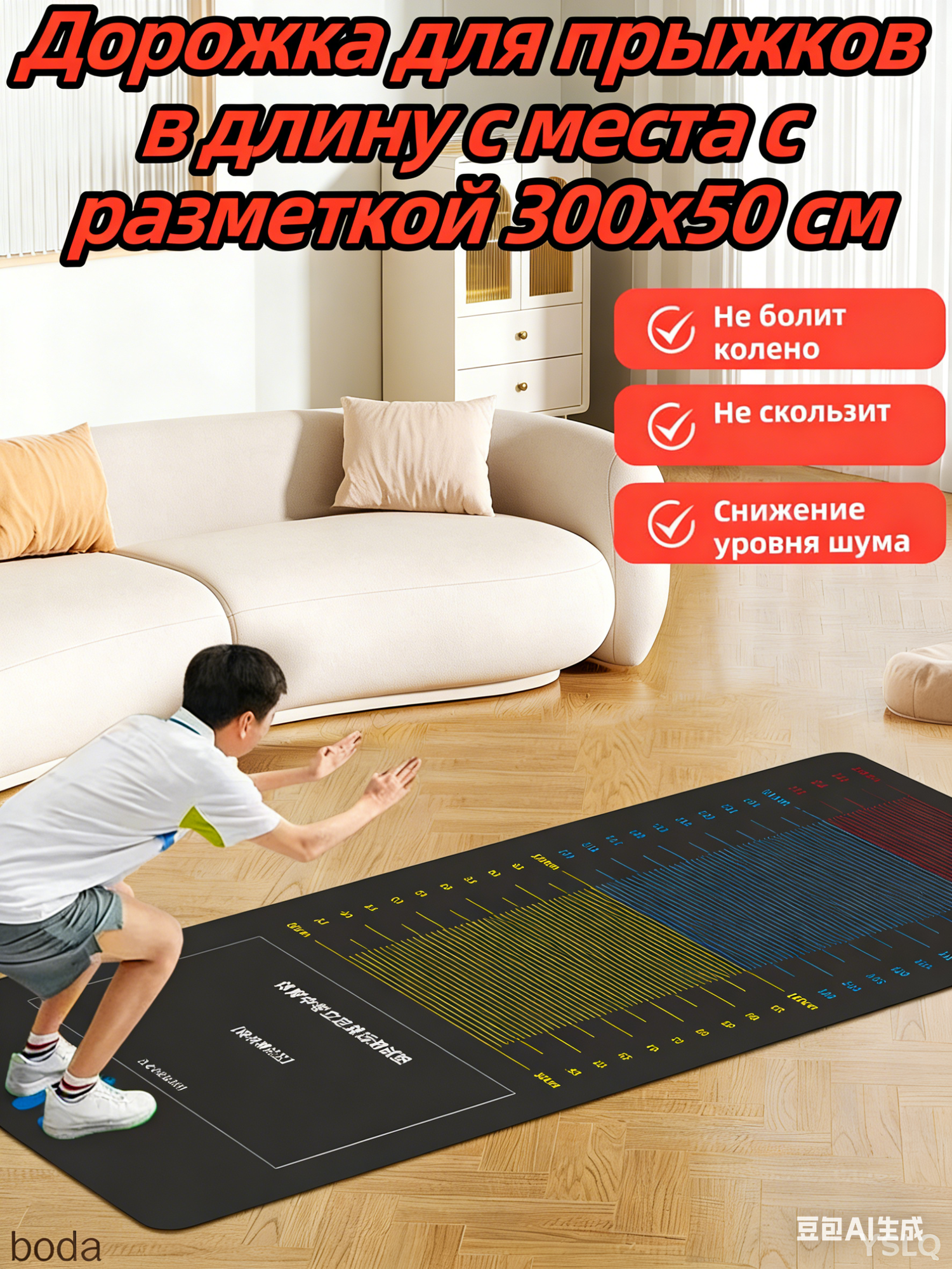 Дорожка для прыжков, 300x50 см, с разметкой, амортизация, противоскользящая поверхность