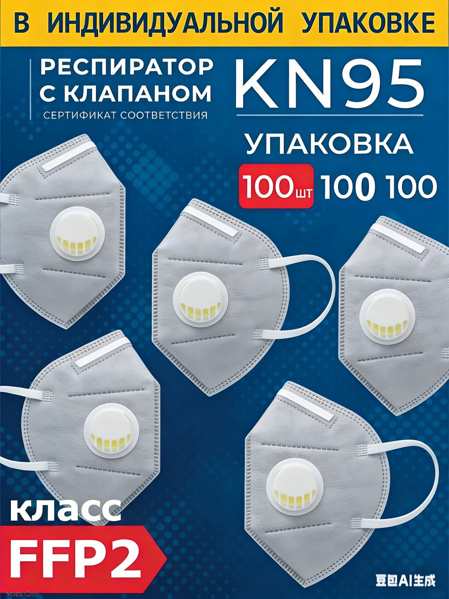 Респиратор FFP2 с клапаном дыхания многоразовый 100 шт