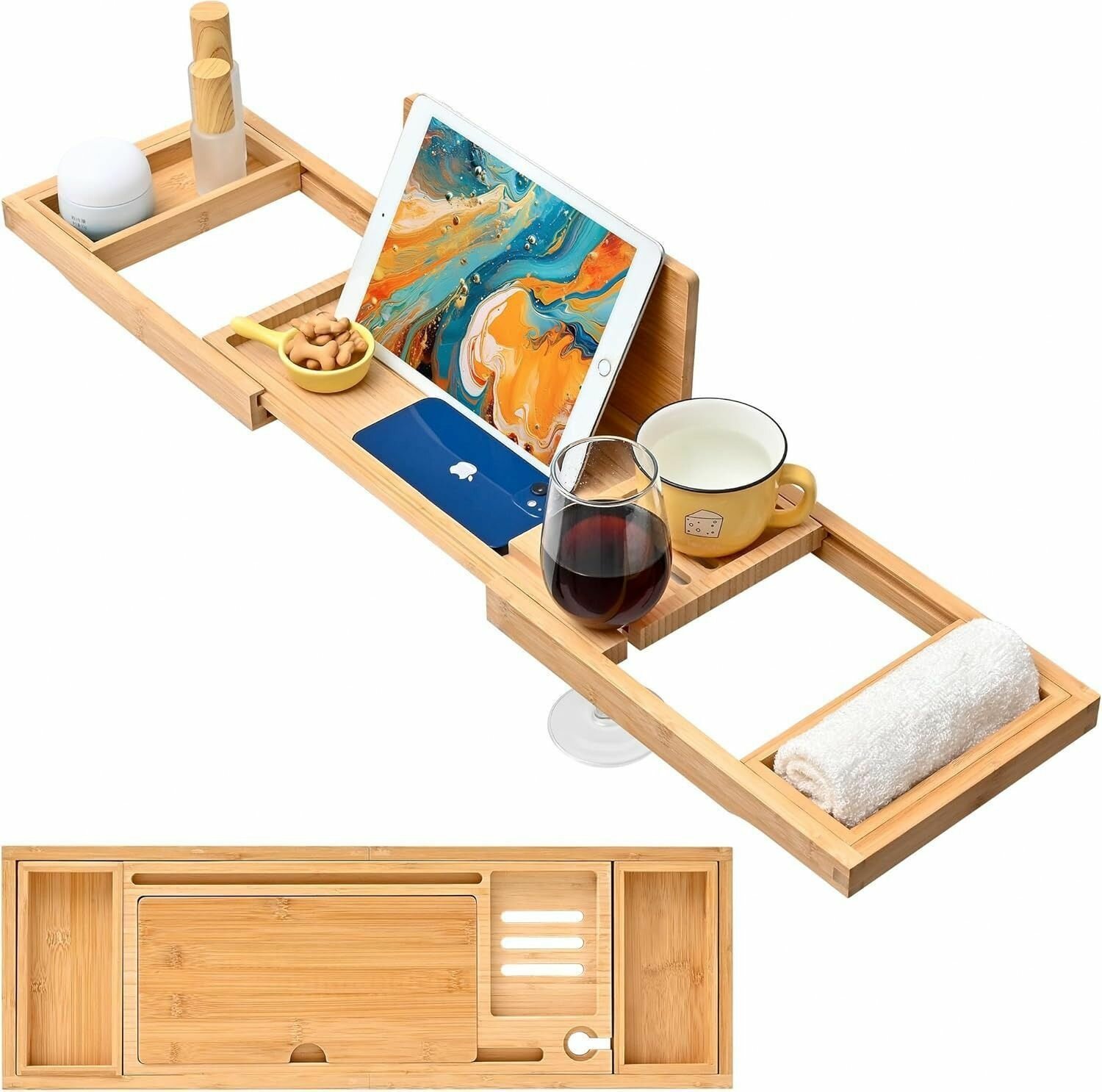 Деревянный столик полка для ванной из бамбука 60-87 см