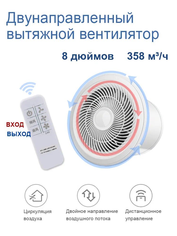Двунаправленный вытяжной вентилятор 8", инверторный ДВГ, приток-вытяжка, 3 скорости, пульт ДУ, 2600 об/мин, 358 м/ч, влагозащита, для ванны/кухни