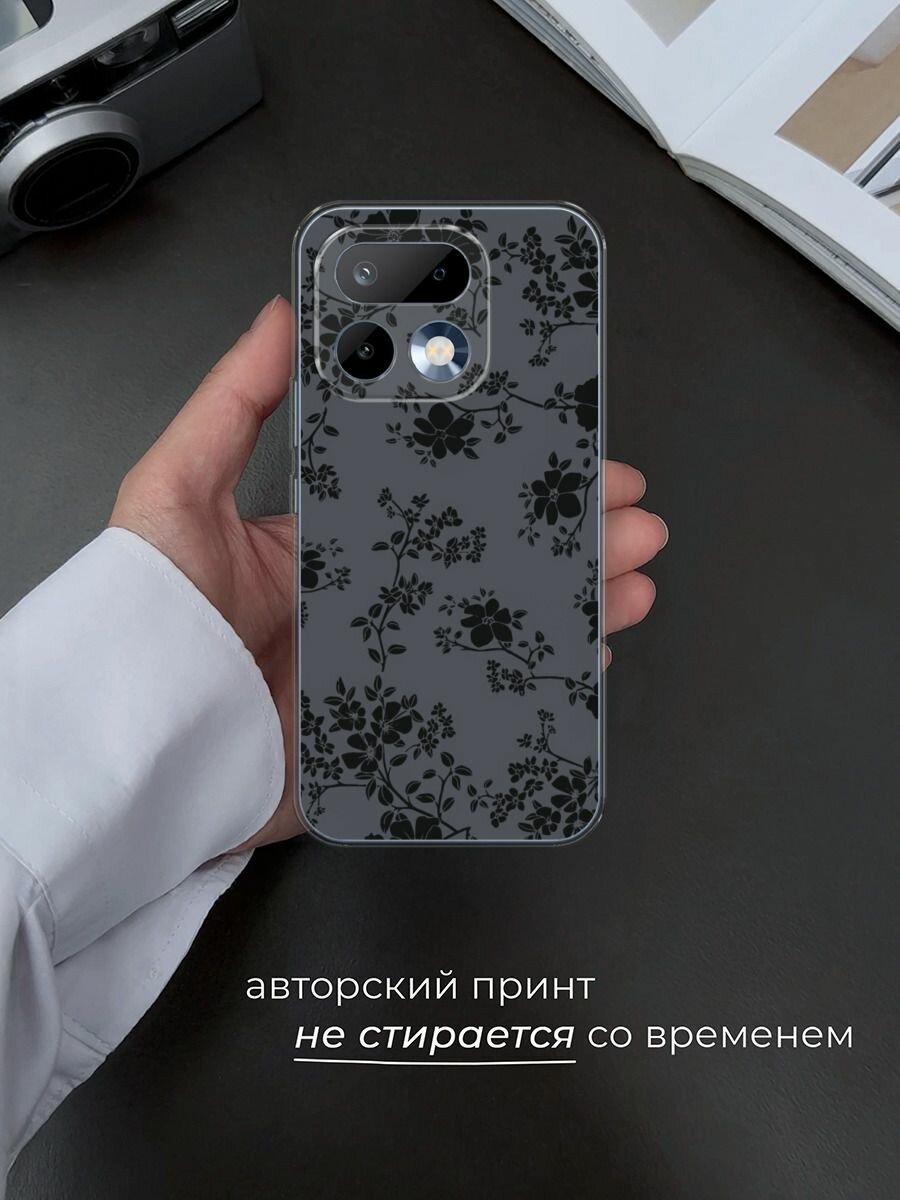 Чехол на Realme 16 Pro / Реалме 16 Про с принтом Черные цветы на сером — фото 1