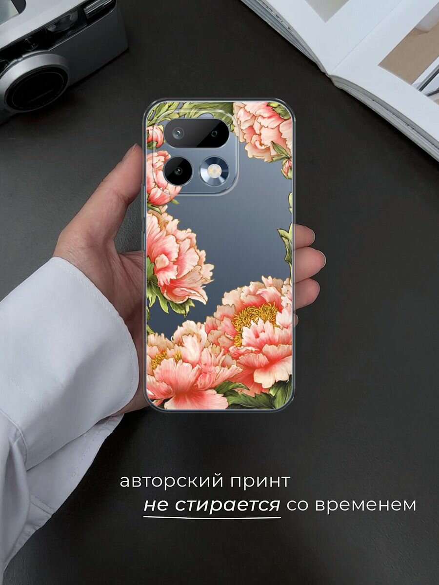Чехол на Realme 16 Pro / Реалме 16 Про с принтом Персиковая рамка пионов, прозрачный — фото 1