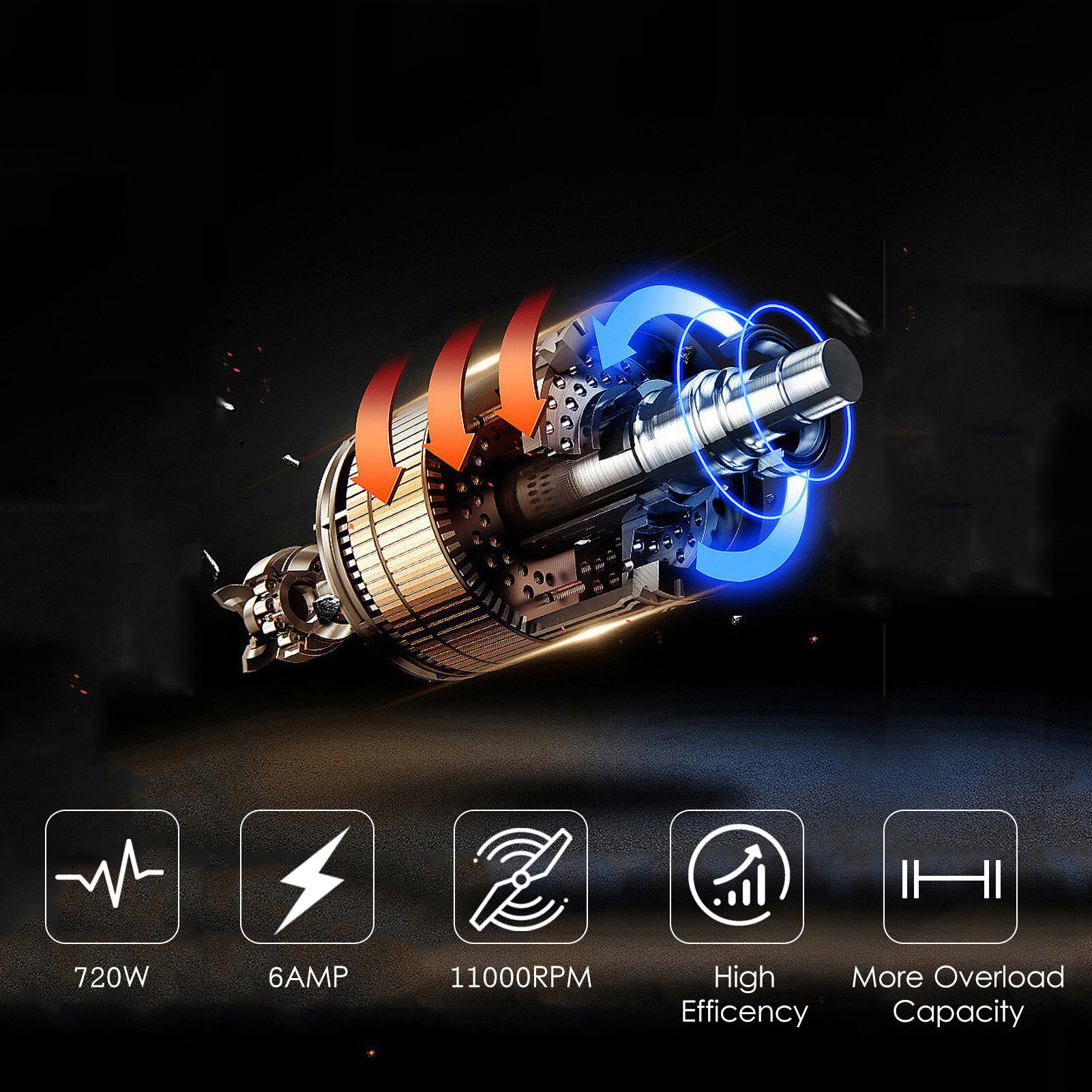 Угловая шлифмашина 720 Вт, 6 А, 115/125 мм, с отрезными и шлифовальными кругами, лепестковым диском, рукояткой, красный