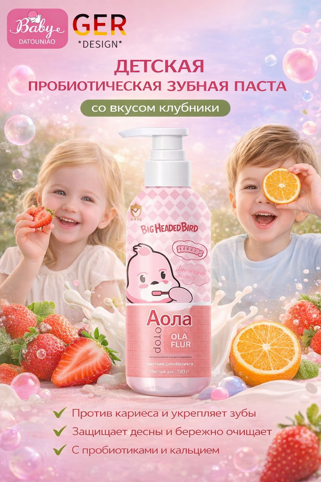 Детская зубная паста 180 г со вкусом клубники для мягкого очищения зубов и ухода за дёснами