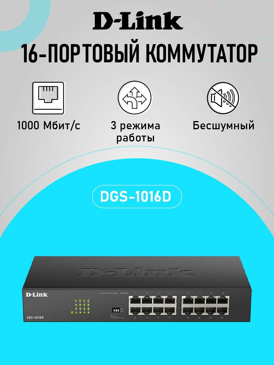 Коммутатор D-Link DGS-1016D/J1A гигабитный неуправляемый, 16xRJ45, 1Гбит/с