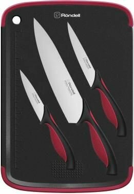 Набор ножей кухонных Rondell из 4 предметов, с разделочной доской, цвет черный и бордовый, блистерная упаковка, серия Arsenale (RD-1891)