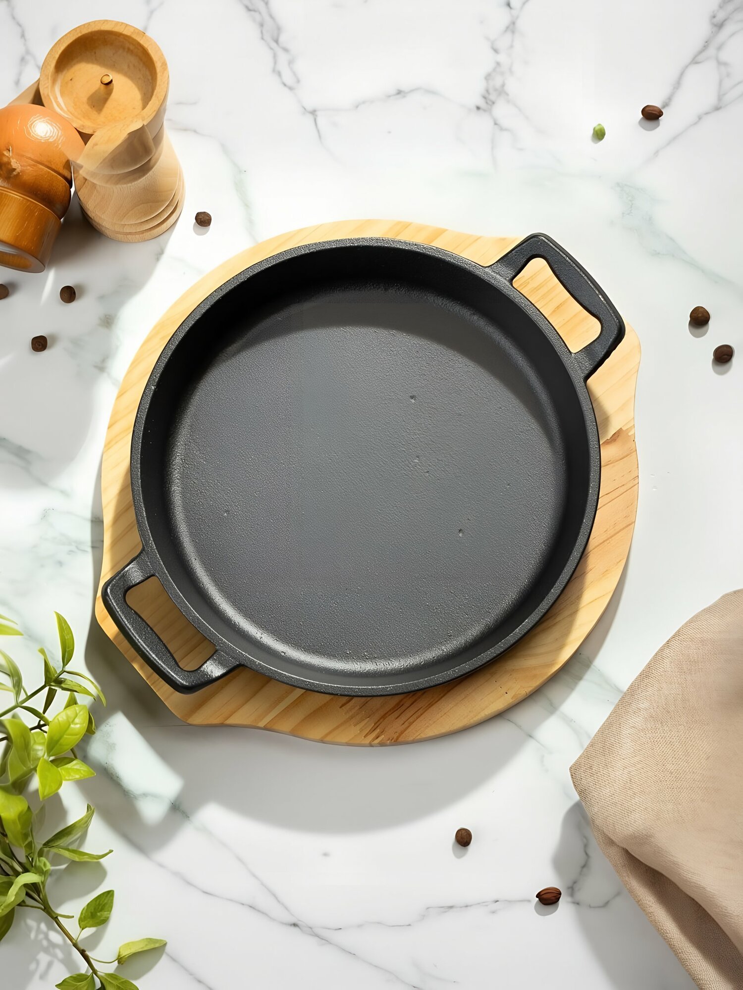 Сковорода чугунная 22 см с подставкой Y4-8883, универсальная круглая сковородка с двумя ручками для мяса, рыбы и курицы