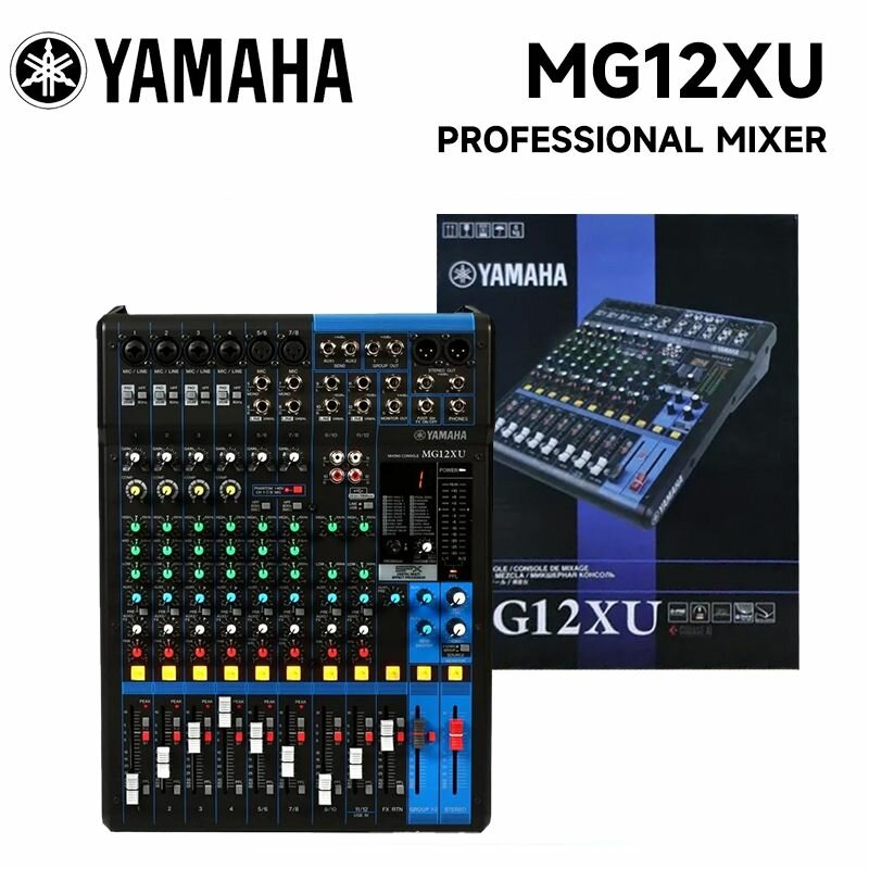 Миксер MG12XU с 12 каналами, 24 эффекторами SPX, питание 48 В, интерфейс USB; подходит для сценических выступлений, караоке, конференций, прямых трансляций и записи.