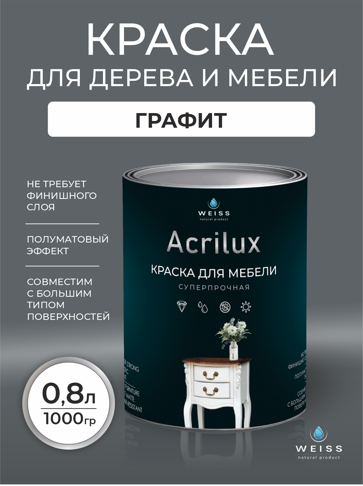 Краска для мебели Weiss Natural Product, быстросохнущая, без запаха, графит