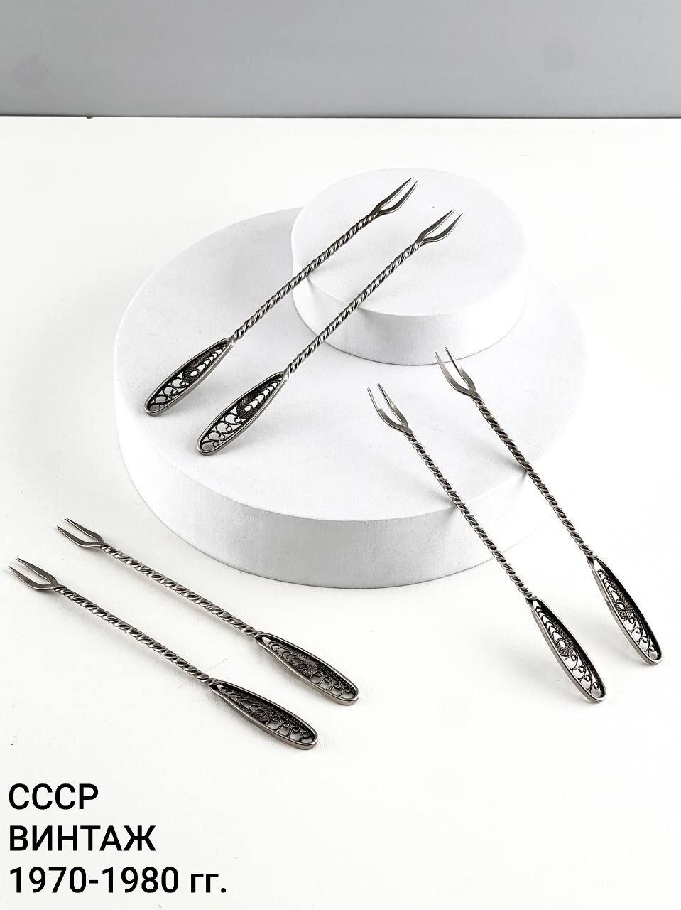 Винтажные вилки для лимона "Витые". Набор 6 шт. Мельхиор. СССР, 1970-1980 гг.