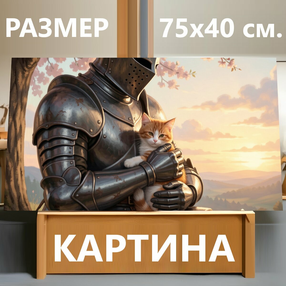 Картина на холсте "Рыцарь с котом под сакурой. Фантазийная сцена: закованный в стальные доспехи воин нежно держит рыжего кота у цветущей." на подрамнике 75х40 см. для интерьера